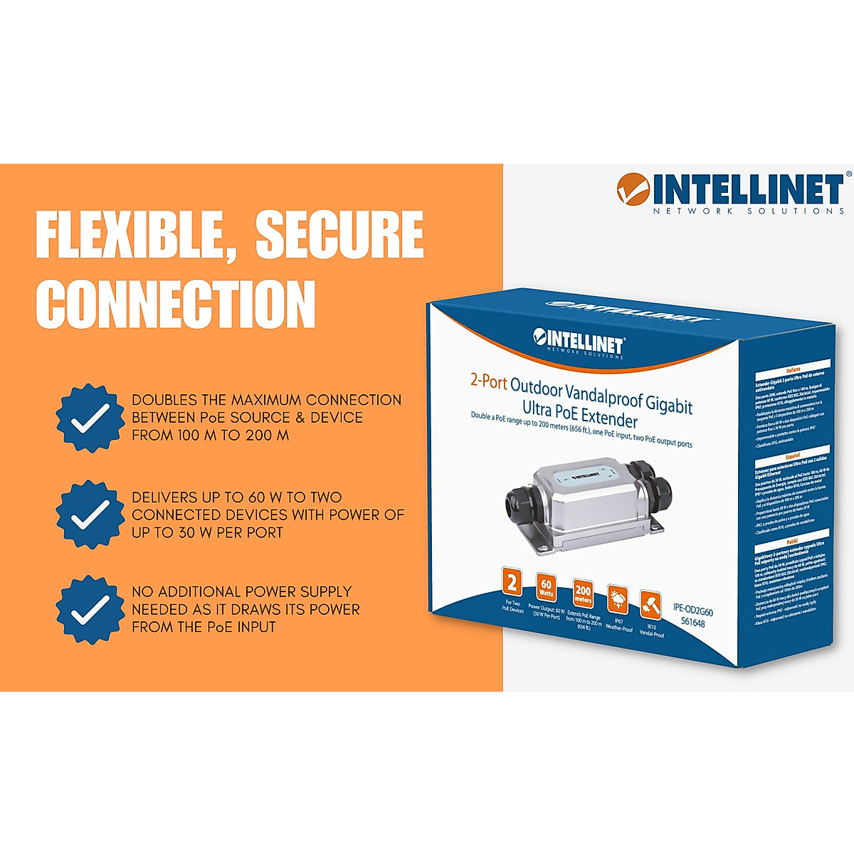 Intellinet 2-Port Gigabit PoE++ Extender Outdoor, 60W Power Budget, 30W Out Per Port, IP67 & IK10, Ultra POE Passthrough Switch-3 Yr Mfg Warranty-561648