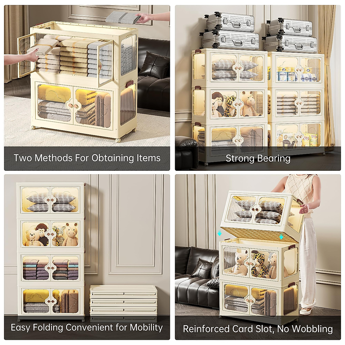 UFORU 9gal/36QT 3 Packs Stackable Storage Bins Open Front, Plastic Storage Containers with Lid, Foldable Storage Box with Doors and Wheels, Storage Organizer for Home, Office