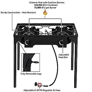 Cimcame Double Burners Stove Heavy Duty Outdoor Camping Propane Cooker w/Detachable Legs&CSA Regulator for Camp Patio Home Brewing, Turkey Fry, Maple Syrup Prep.