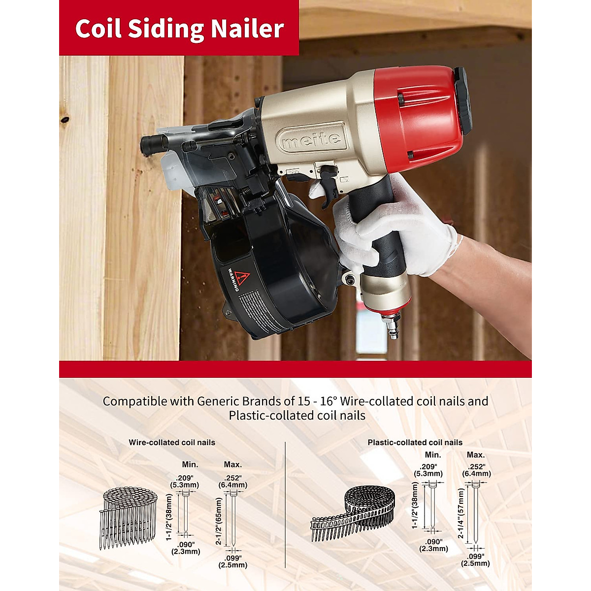 meite Siding Nail Gun, Pneumatic Coil Siding Nailer Professional Lightweight Air Coil Nail Gun with Safety Nose, Compatible with 1-1/2 Inch to 2-1/2 Inch Coil Siding Nails (CN65S)