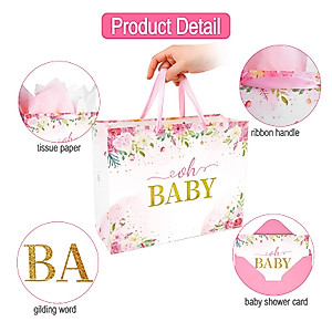 13” Large Baby Gift Bags with Tissue Paper & Greeting Card (oh BABY & Floral), Gift Bags Lager Size for Baby Girl Shower, New Parents, Newborn, 1st Birthday, Gender Reveal Party-Pink
