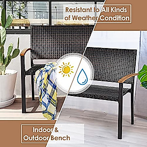 Tangkula Patio Wicker Bench, All Weather Rattan Bench w/Acacia Wood Armrest, Outdoor Loveseat Chair, Lightweight Patio Stackable Dining Bench for Front Porch, Backyard, Lawn, Garden, Pool, Deck