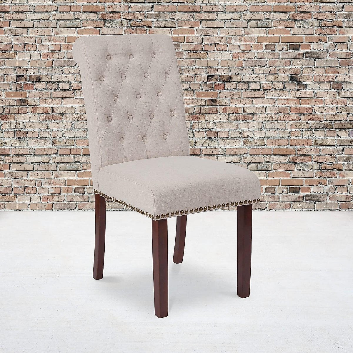 Flash Furniture HERCULES Series Beige Fabric Parsons Chair with Rolled Back, Accent Nail Trim and Walnut Finish