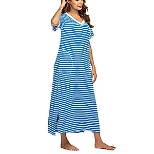 Ekouaer Womens, Full Length Long Nightgown Nightshirt with Pockets, Yarn Dyed Fabric2, Large