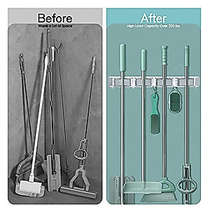 2 Pack Mop Broom Holder Wall Mount, Garden Tool Storage Organizer, Wall Hanger Hooks Rack for Home, Metal Aluminum Garage Laundry Room Organization and Storage, Silver (4 Slots&5 Hooks)