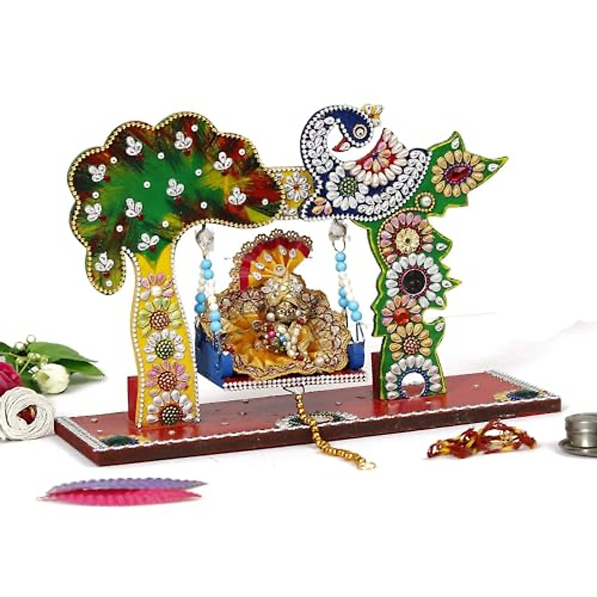 Wooden Jhula with Laddu Gopal Jhula for Pooja & Home Decor || Handicarfted Wooden Laddu Gopal Jhula || (13 x 9 x 4.5 Inch) Multicolour