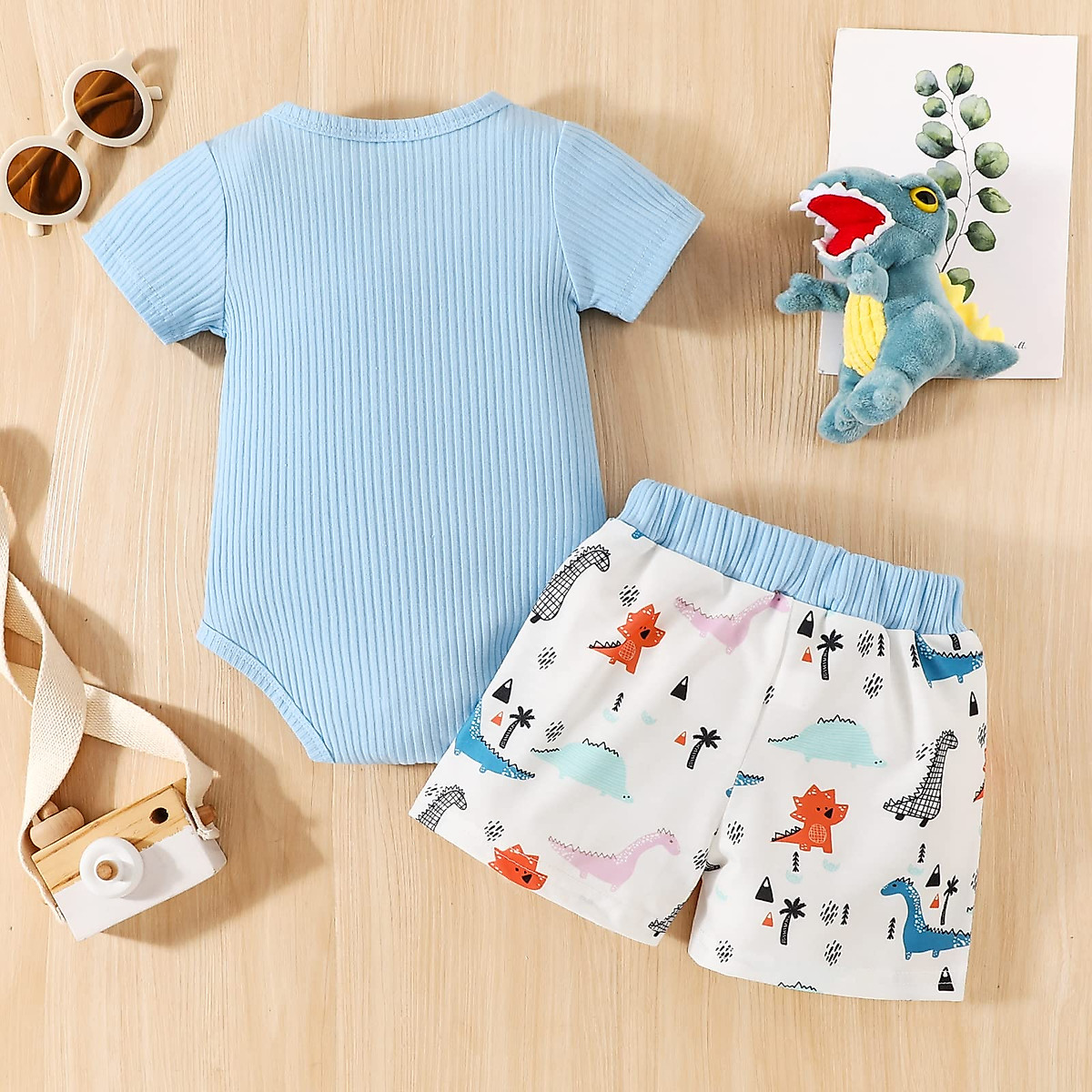 Newborn Infant Baby Boy Clothes Mamas Boy Ribbed Knitted Cotton Romper Dinosour Short Summer Outfits Set (Blue-short, 0-3 Months)