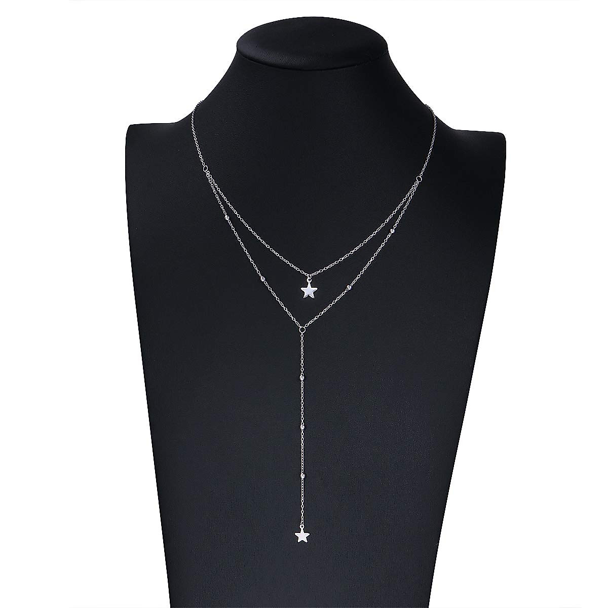 DAOCHONG S925 Sterling Silver Double Chain Bead Star Layered Necklace for Women Christmas Graduation Gift Y2K Jewelry (Layered Star)