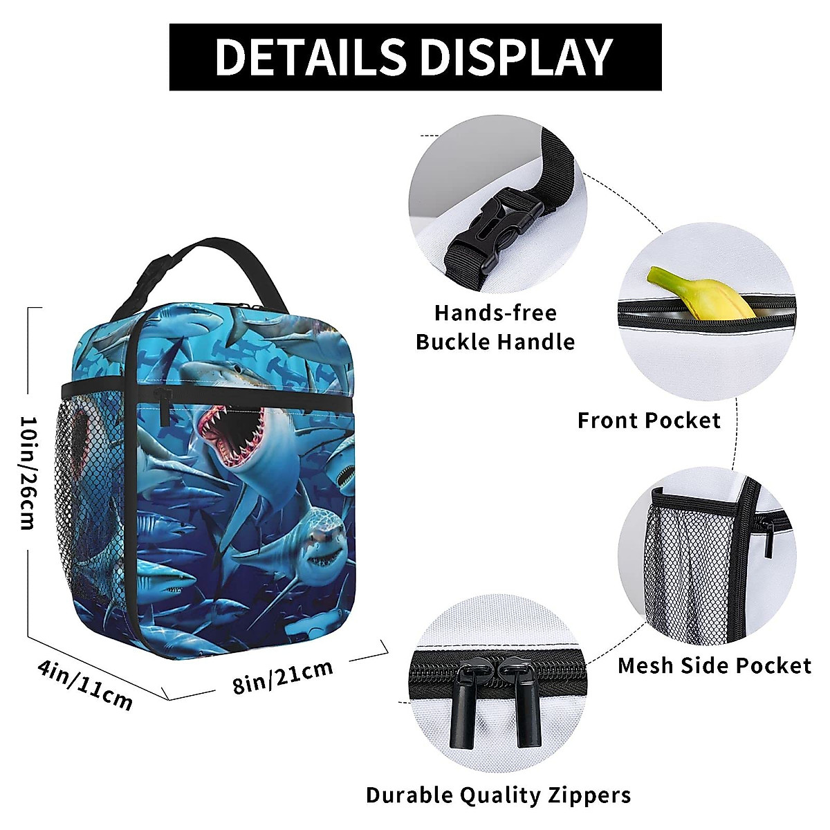 JASMODER Hungry Sharks Insulated Lunch Box Bag Portable Lunch Tote For Women Men And Kids