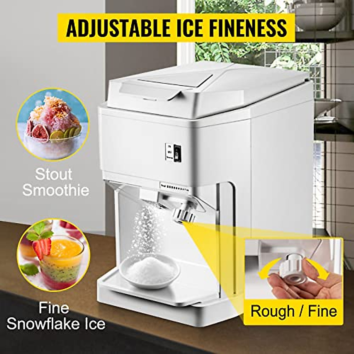 VEVOR Ice Shaver Machine Electric, Snow Cone Machine Commercial 265 LBS/H, Shaved Ice Machine w/Ice Hopper & Lid, 250W Ice Crusher w/Drain Pipe Tabletop Shaved Ice Maker w/Adjustable Fineness White