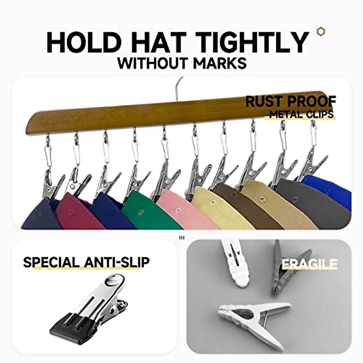 YI Boutique Hat Organizer, Wooden Hat Hangers for Closet, Hat Racks for Baseball Caps, Set of 2 Cap Organizer with 10 Adjustable Stainless Steel Clips, Hat Storage Fits All Caps