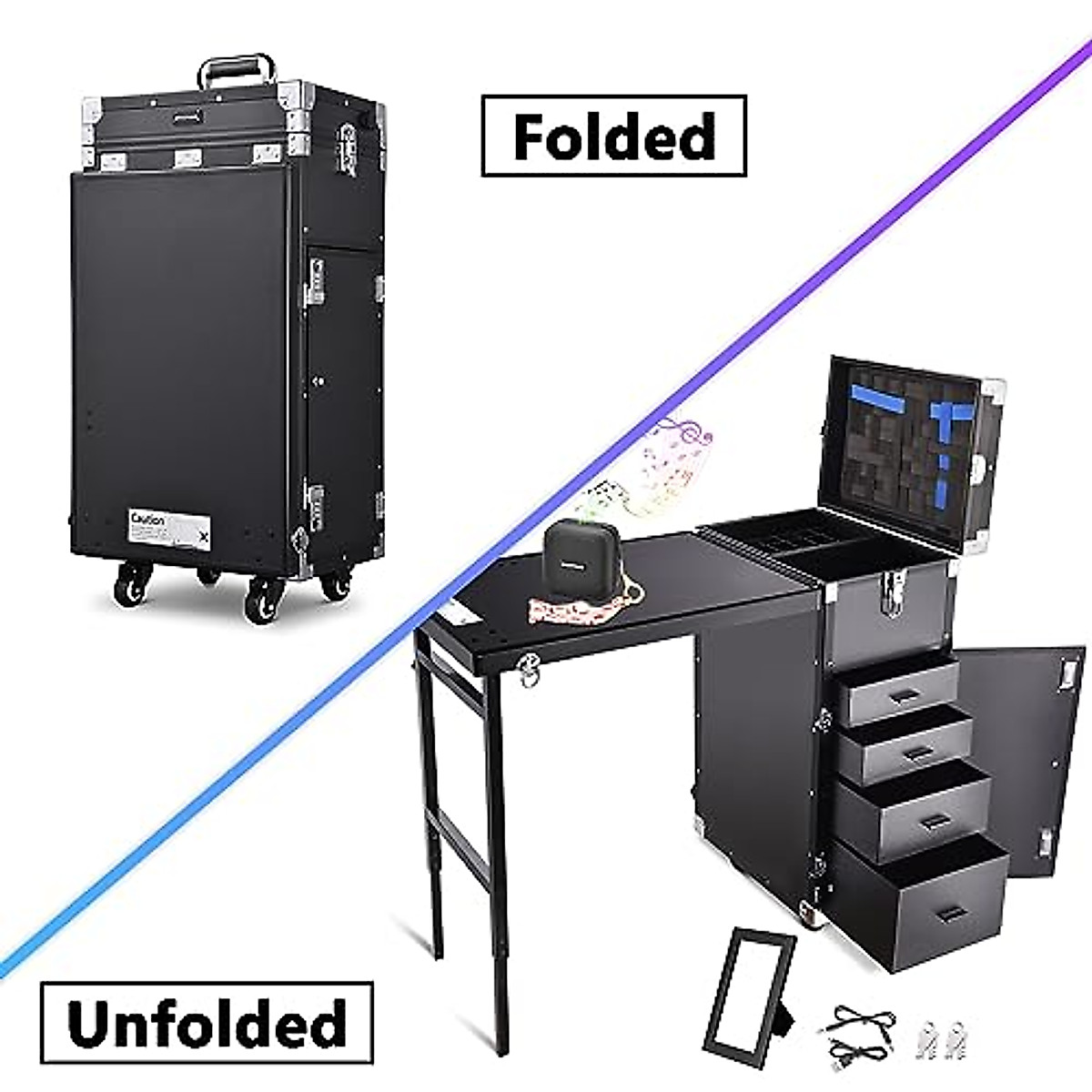 Bei Cheng Rolling Manicure Desk Makeup Train Case Travel Cosmetic Trolley Storage Organizer Nail Tables for Technician Workstation Makeup Salon with 4 Drawers Mirror & Speaker Black