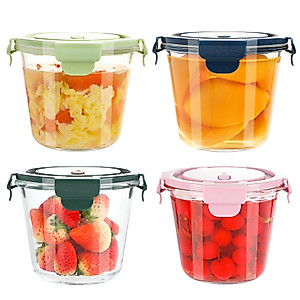Generic 4-Cup/24 Ounce Glass Food Storage Containers, Round Glass Soup Container with Airtight Lids, Leak-proof Soup Stew Food Storage and Meal Prep Container, Microwave Freezer Safe, Set of 4(Clear)