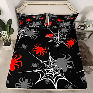 Red Black White Cobweb Sheet Set Full Size, Scary Halloween Decorations Bed Sheets Set Scary Spider Sheets with Deep Pocket Fitted Sheet Kids Toddler Red Black Gray Animal Bedding Set 4Pcs