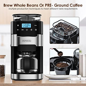 HOMOKUS 10-Cup Coffee Maker with Grinder, Touch Screen, Automatic Brew, Warming Plate, 1.5L Water Tank, Removable Filter - For Home and Office