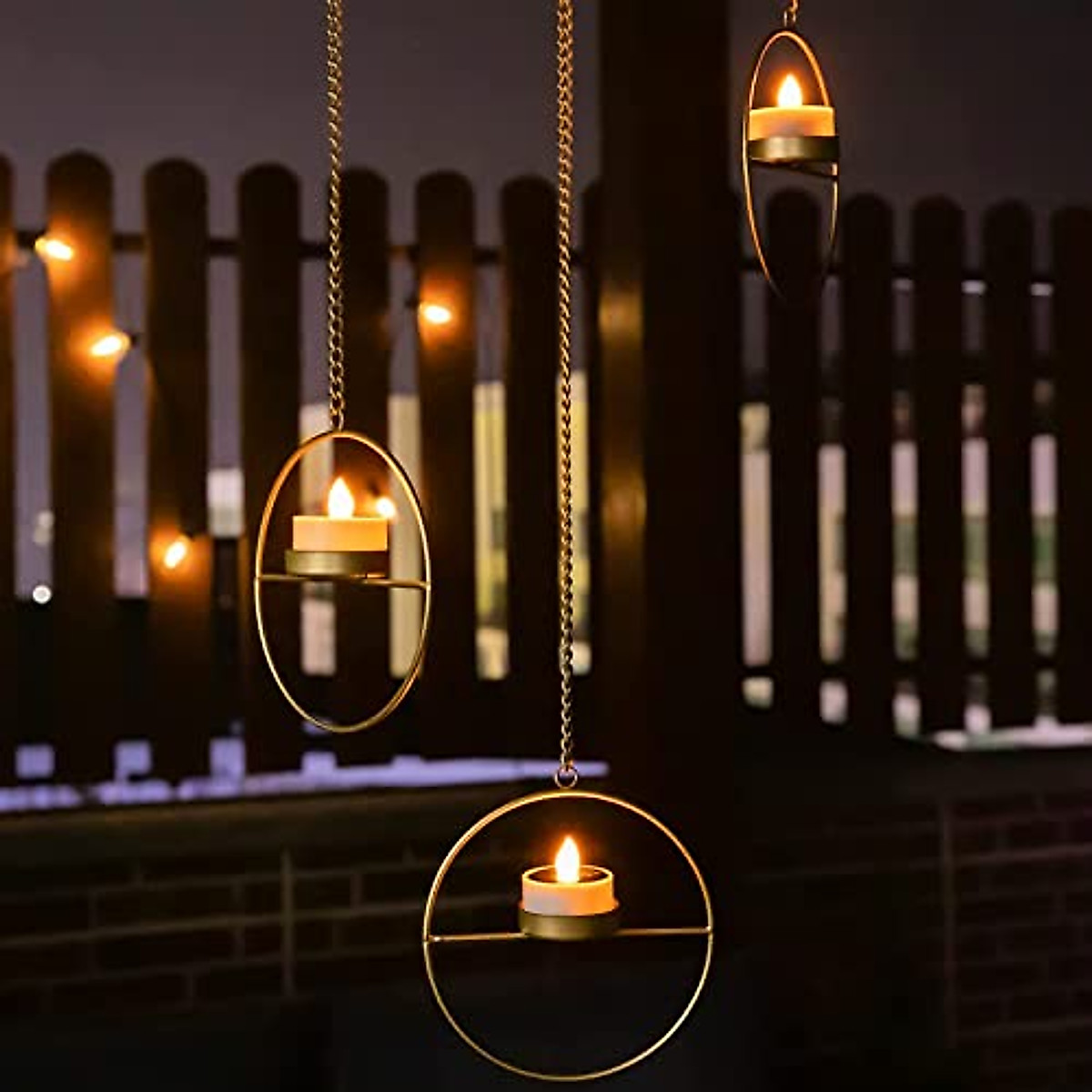Solar Hanging Candle Lanterns Lights, ALL FORTUNE Outdoor Round Golden Metal Candle Lantern Holder with Flameless Tea Lights, Perfect for Garden, Backyard Decor, Home, Tree, Yard-Set of 3