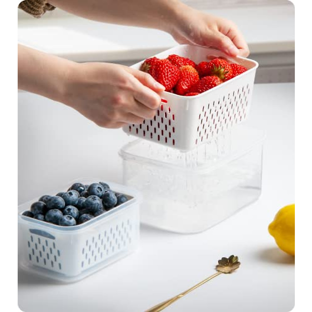 COCOYA 5-Pack Large Fruit Containers for Fridge, Leakproof Produce Storage Keeper with Removable Colander Food Grade BPA FREE Keep Vegetables Berry Veggies Lettuce Apple Banana Meat Food Fresh Longer