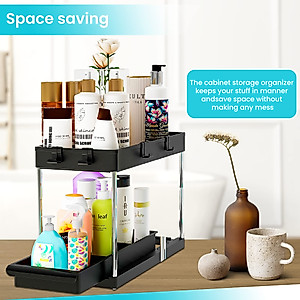 2Pcs Under Sink Organizers and Storage- Multi-Purpose, Pull-Out Kitchen Sink Cabinet Organizer with Hooks- Durable Bathroom Under Sink Organizer with Sliding Drawers- Cabinet Drawers Slide Out