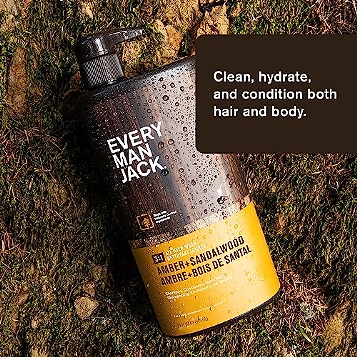 Every Man Jack Men’s Cleansing 3-in-1 All Over Wash for All Skin and Hair Types - Amber + Sandalwood Scent - Cleanse and Nourish Skin and Hair with Naturally Derived Soy Proteins, Aloe - 32 fl oz (2 Pack)