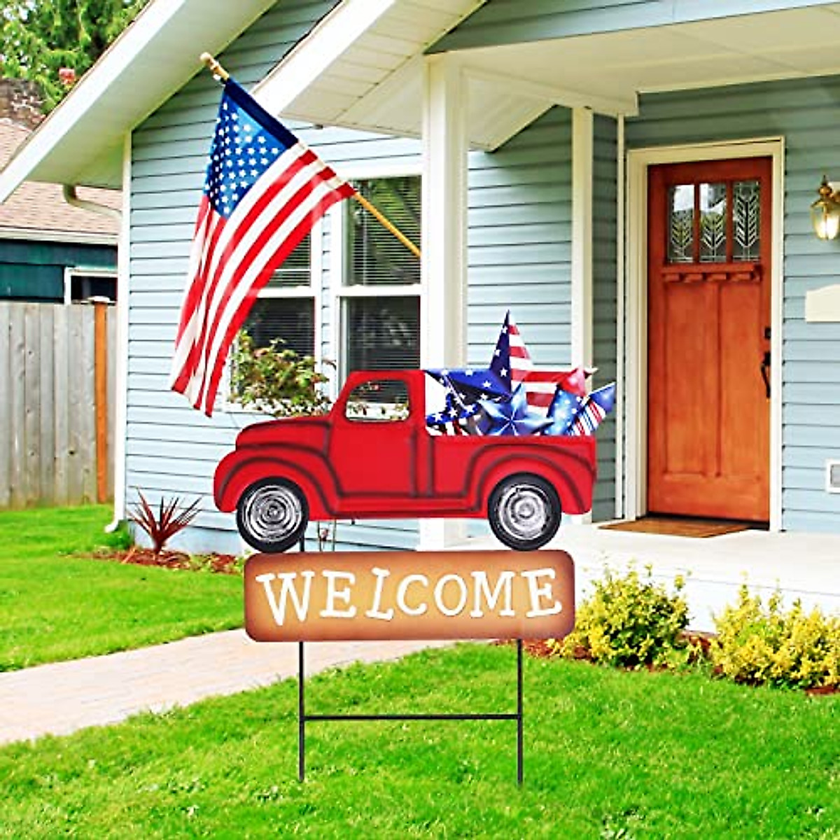 Whaline 4th of July Metal Yard Stakes Patriotic Yard Sign Spring Welcome Garden Stake Interchangeable Red Truck Garden Decor Set with Seasonal Sign Loads for Spring Fall Halloween Christmas, Set of 9