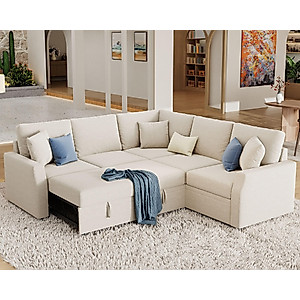 Jocisland Sofa Bed, 85 Inch Sleeper Sofa with Pull Out Bed & Storage Seat, Reversible L Shape Sectional Couch for Living Room Apartment, Beige Linen Oversized Sofa