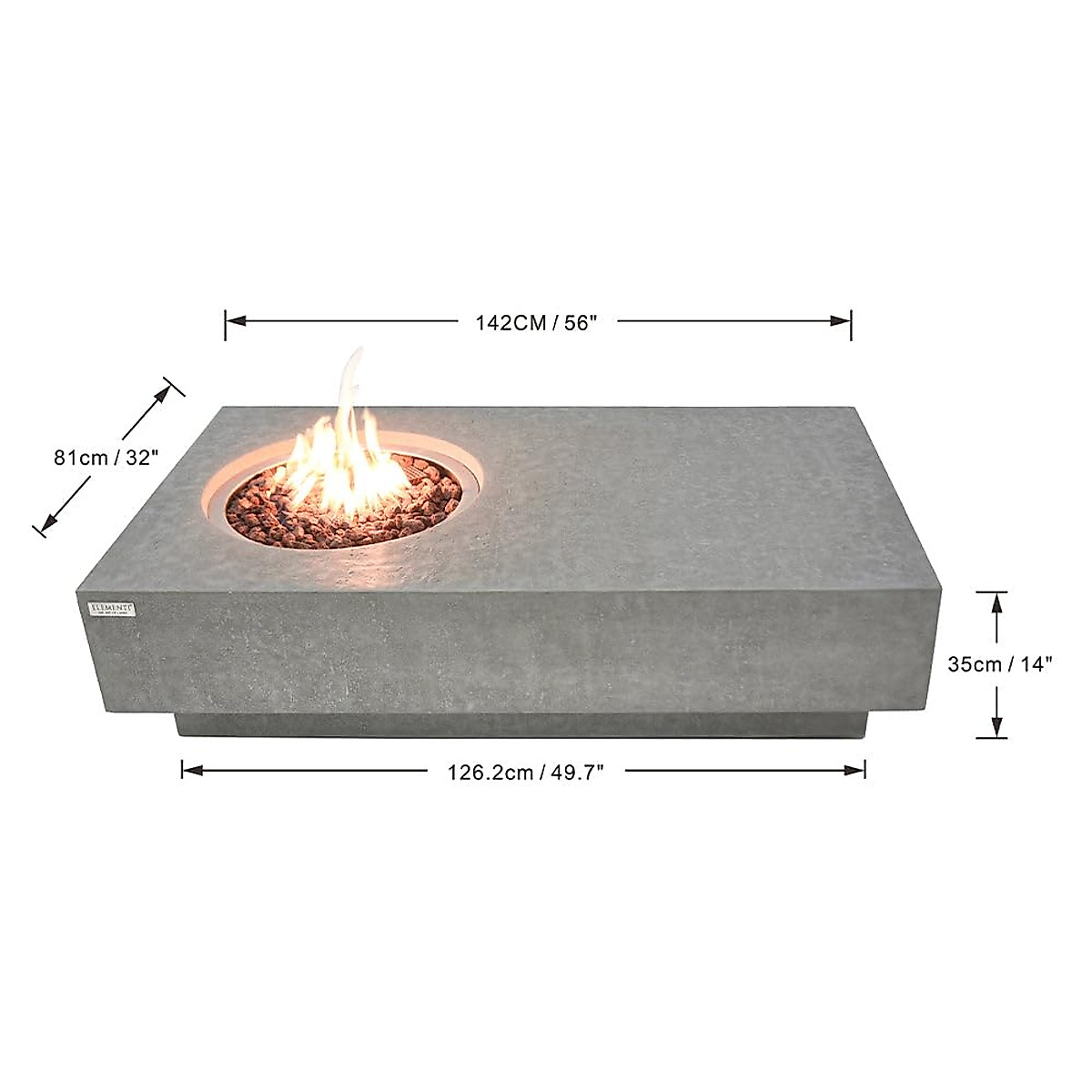 Elementi Modern Concrete Fire Pit, 56" x 32", Gray, Includes Lava Rocks, Natural Gas & Propane Compatible