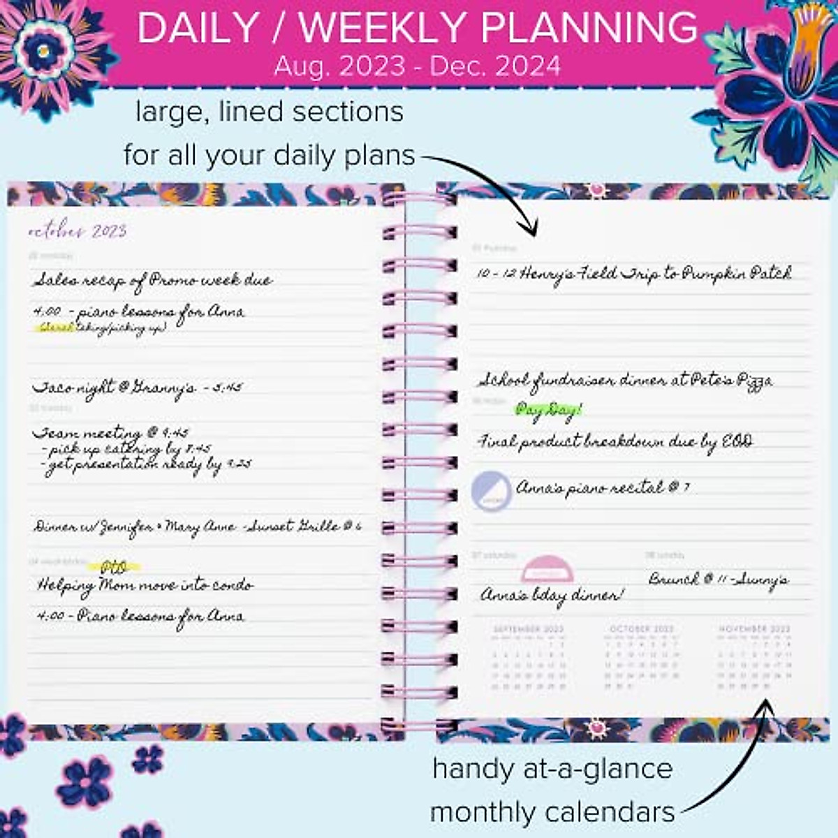 Vera Bradley Hardcover Daily Planner 2023-2024, Spiral Planner Dated August 2023 - December 2024, Medium Size Cute Planner, Weekly Planner with Monthly Calendar, Stickers, & Pockets, Cloud Vine Multi