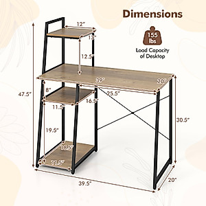 Giantex Computer Desk with Shelves, 47.5” Home Office Desk with Bookshelf, Host Stand, Metal Frame, PC Laptop Workstation, Modern Study Writing Desk for Bedroom, Small Space (Natural & Black)