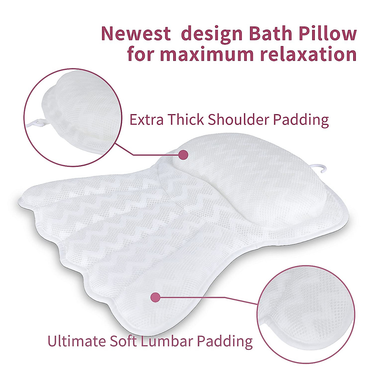 Bath Pillow, Luxury Bathtub Pillow, Ergonomic Spa Bath Pillows for tub with 4D Mesh Technology and 6 Suction Cups,Tub Pillow with Neck, Head, Shoulder and Back Support, Fits All Bathtub,Home Spa