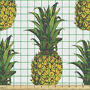 Lunarable Pineapple Fabric by The Yard, Pineapple Illustration Gourmet Holidays Getaway Palm Trees Art, Decorative Fabric for Upholstery and Home Accents, 3 Yards, Mustard White