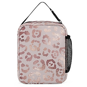 MINBHEBYUD Leopard Skin Rose Gold Lunch Bag for Men Women, Insulated Lunch Bags for Office Work, Reusable Portable Lunch Box