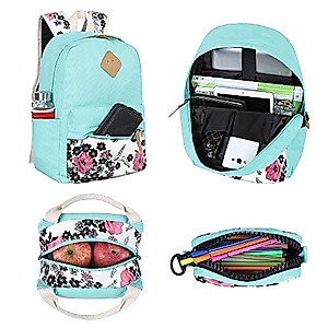 Bluboon Teens Backpack Set Canvas Girls School Backpack Lunch Box Pencil Bags Student Bookbags 3 in 1 (Water Blue-14)