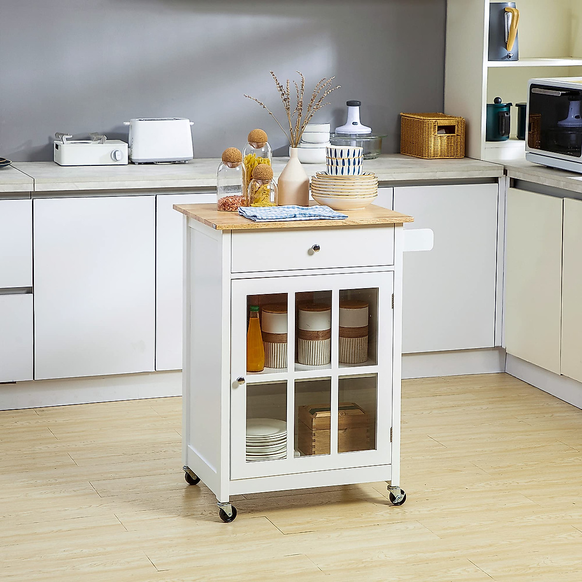 HOMCOM 27" Rolling Kitchen Island Cart with Drawer and Glass Door Cabinet, Kitchen Trolley with Adjustable Shelf and Towel Rack, White