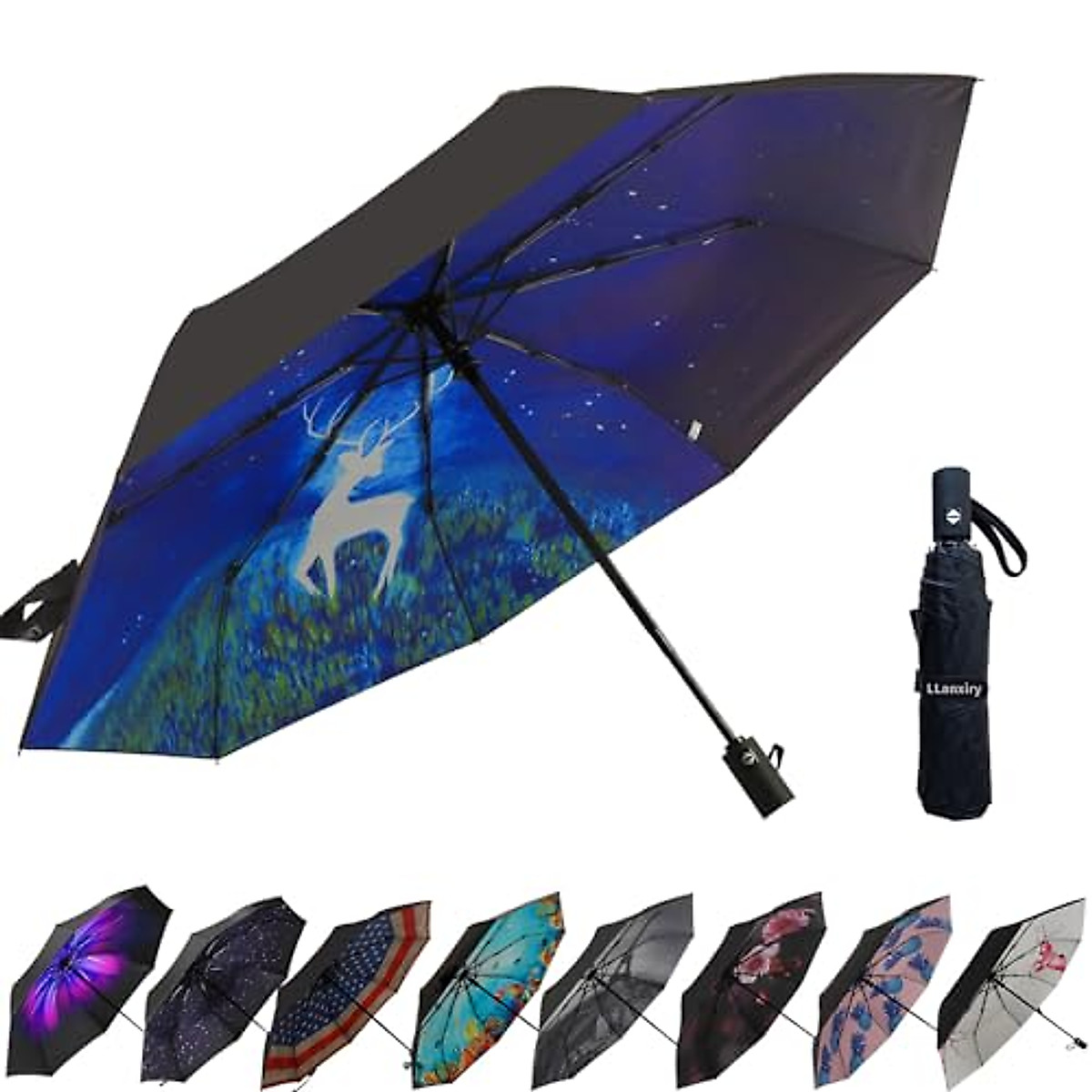 LLanxiry Umbrella Small Compact Travel Umbrellas for Rain Mini Folding Portable Automatic Open/Close Umbrella for Man/Women (elk starry sky)