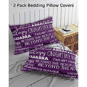 Edwiinsa Halloween Pillow Covers Standard Size Set of 2 Bed Pillow, Rustic Black Bat White Words Purple Plush Soft Comfort for Hair/Skin Cooling Pillowcases with Envelop Closure 20''x26''