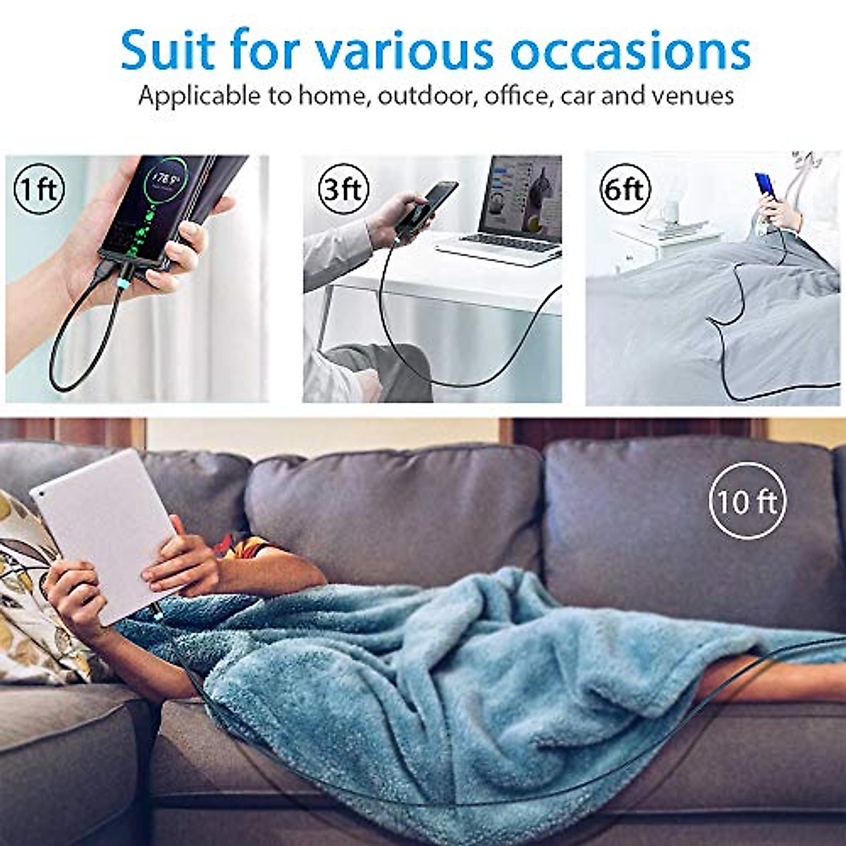 Terasako Magnetic Charging Cable 6-Pack [1ft/3ft/3ft/6ft/6ft/10ft], 3 in 1 Nylon Braided Magnetic Phone Charger, Compatible with Micro USB, Type C, iProduct and Most Devices