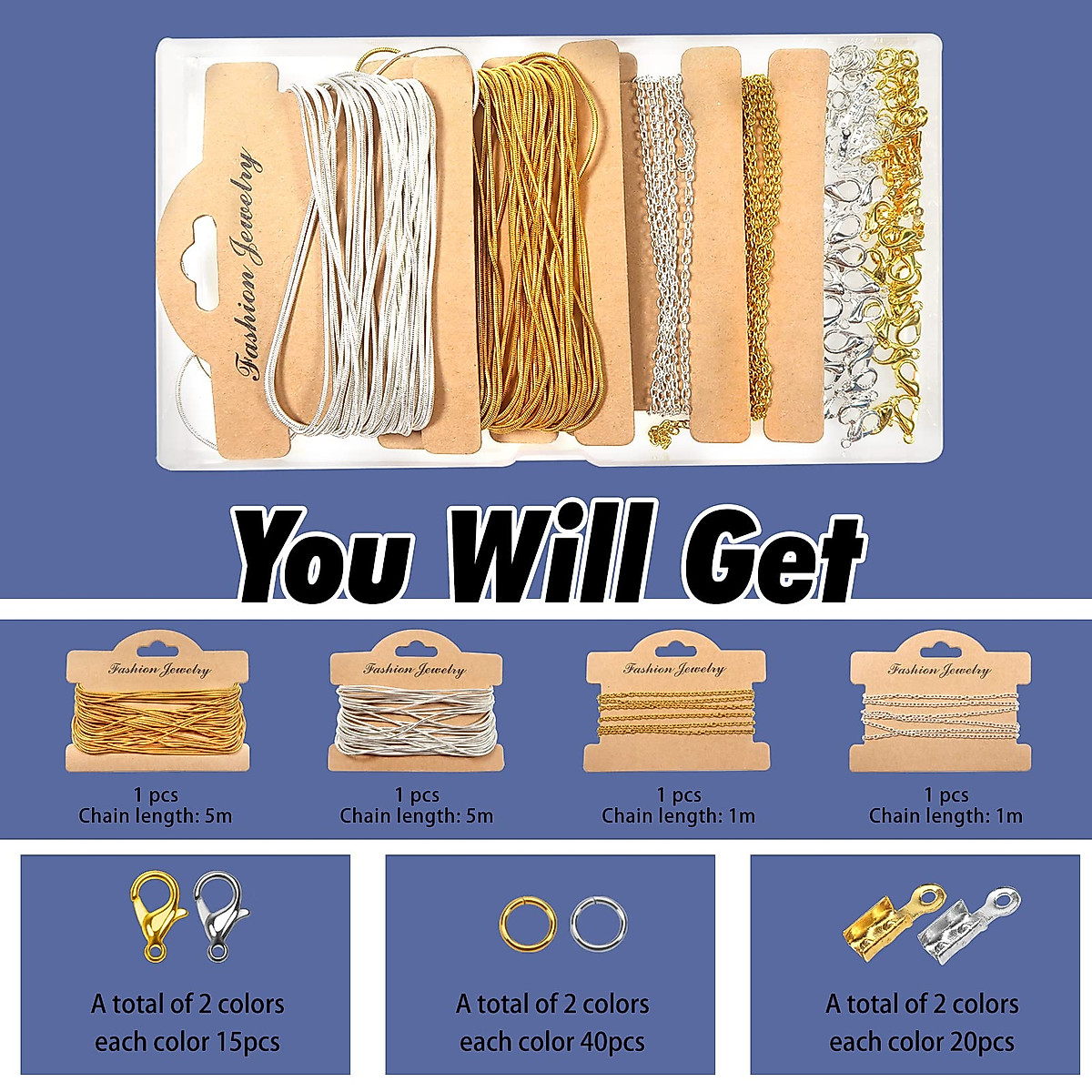 TOAOB 33 Feet Jewelry Making Chains for Necklace 1.2mm Snake Chains Gold Silver Metal Cable Chain Link with Lobster Clasps Cord Ends Jump Rings for Bracelet Jewelry Making