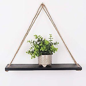 Rutledge & King Hanging Wall Shelves - Distressed Wooden Hanging Storage Shelves - Rustic Swing Rope (1, Black)