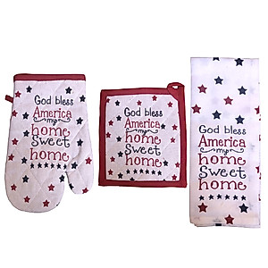 God Bless America Patriotic BBQ Americana Oven Mitt, Pot Holder, Kitchen Towels & Wooden Cooking Spoon 5 Piece Kitchen Set