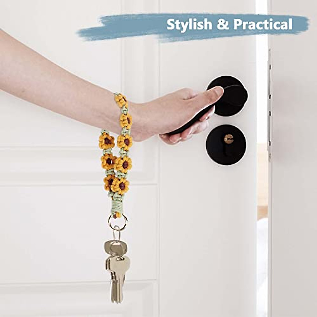 elephtree Boho Macrame Keychain Wristlet Keychain Weave Exquisite Keyring Holder Bracelet Handmade Wrist Lanyard Flower Pattern for Women