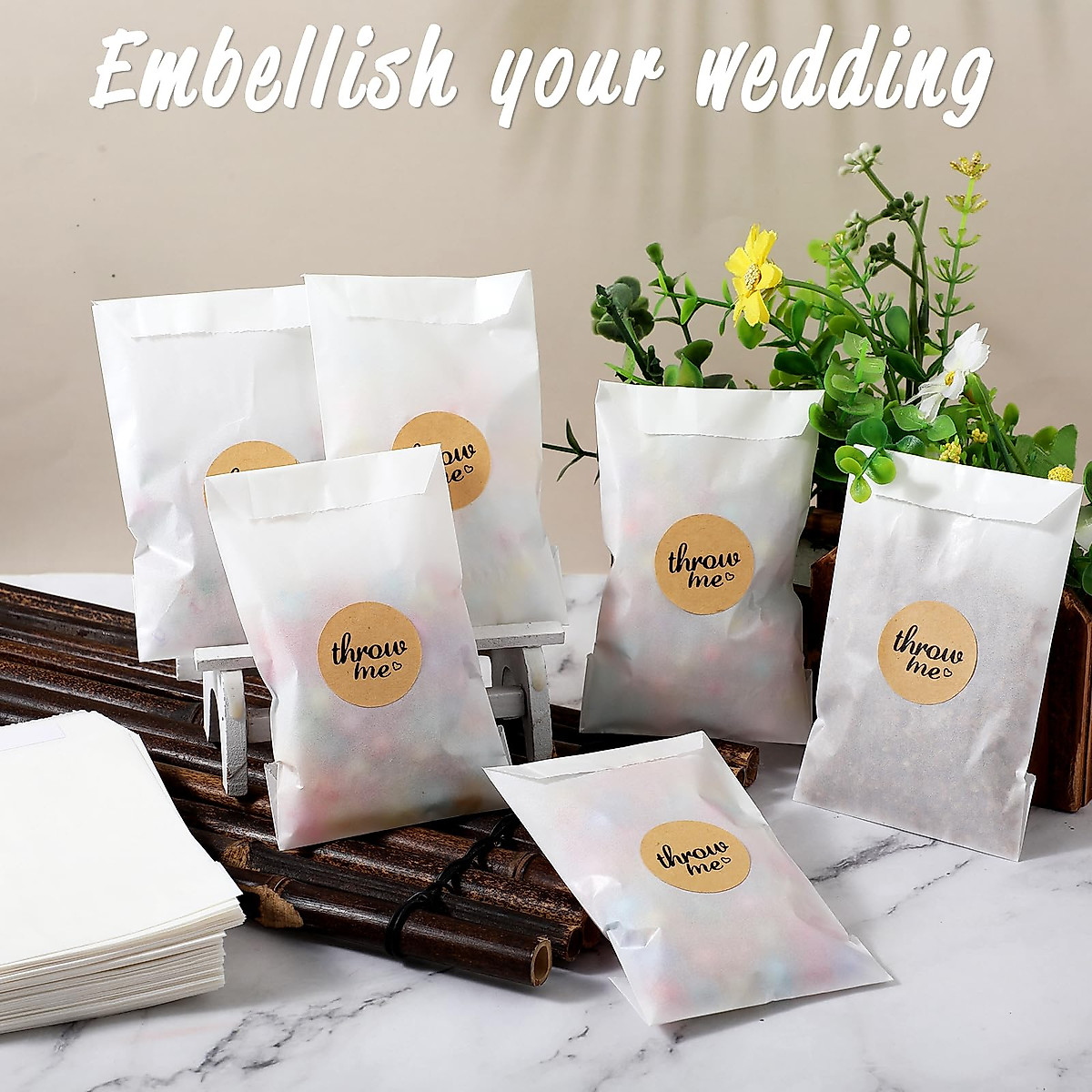 50Sets Wedding Confetti Bags Kit Include 50 Pieces 70 x 105 mm Wedding Confetti Glassine Bags Wedding Favor Bags and 50 Pieces Kraft Brown Wedding Confetti Stickers for Wedding (Throw Some Love)