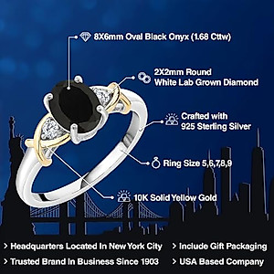 Gem Stone King 2 Tone 10K Yellow Gold and 925 Sterling Silver Black Onyx and White Lab Grown Diamond Ring For Women (1.68 Cttw, Gemstone Birthstone, Available In Size 5, 6, 7, 8, 9)