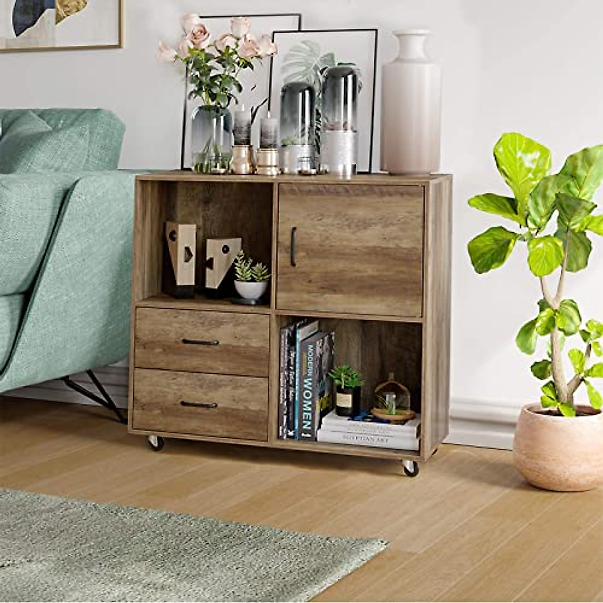 Graciia Wood Mobile File Cabinet, Lateral File Cabinet with 2 Drawers, Printer Stand with Storage Door and Shelves, Large Mobile Filing Cabinet for Home Office, Rustic Brown