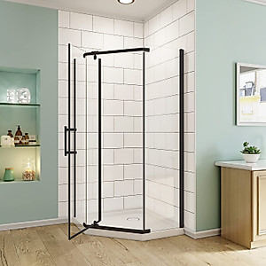 SUNNY Shower Door 36.7 in. x 71.8 in. Frameless Neo-Angle Pivot Shower Doors in Black Finish, 1/4 in. Clear Glass Corner Shower Enclosure