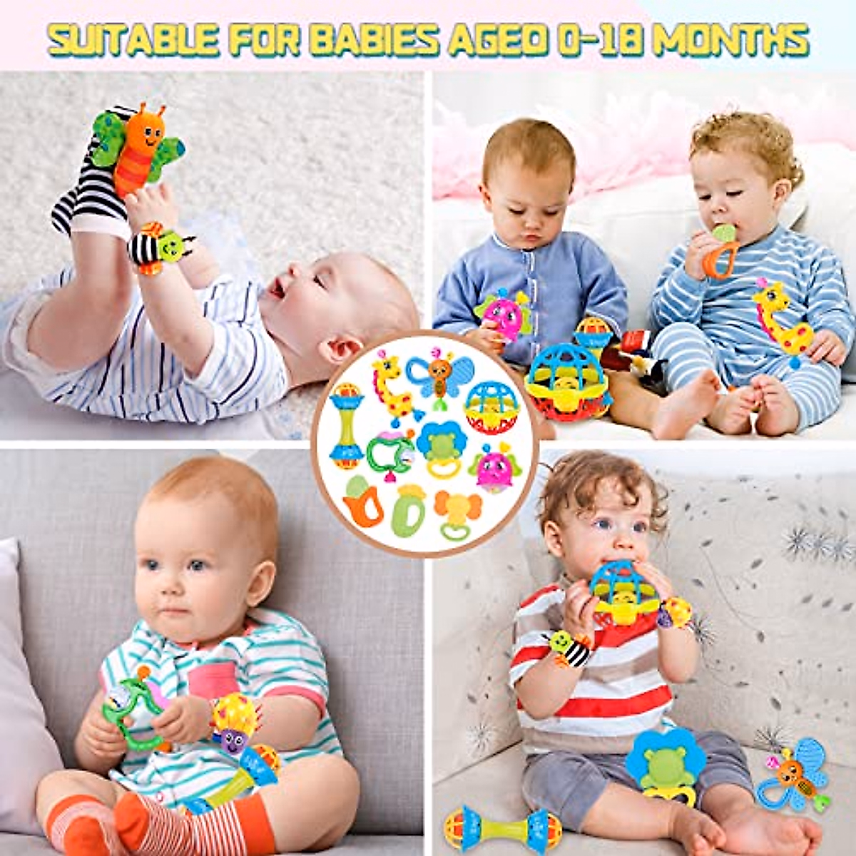 Baby Rattles Toys for 0-6 Months - 14 PCS Infant Toys 0-3 Month Old Baby Boy Girl Gifts Set with Teething and Wrist Socks Rattle Infant Newborn Sensory Toy