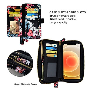 XGrand iPhone 13 Pro Max [3 in 1] Detachable Magnetic Zipper Purse Slots Money Pocket Clutch Crossbody Chain Wrist Strap Leather Wallet Cases - Black Floral