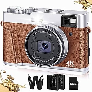Upgraded 4K Digital Camera with SD Card Autofocus, 48MP Digital Camera with Flash Viewfinder & Dial, Vlogging Camera for Photography and Video Anti-Shake, Compact Travel Camera 16X Zoom (2 Batteries)