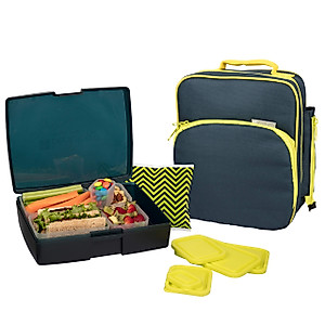 Bentology Lunch Bag and Box Set for Boys, 9 Pieces Total - Kids Insulated Lunchbox Tote, Bento Box, 5 Containers and Ice Pack - Midnight