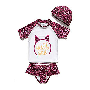 BONVERANO Little(Big) Girls Rashguards UPF 50+ Sun Protection Two Pieces Swimsuit with (Pink-Mao, 3-6M)