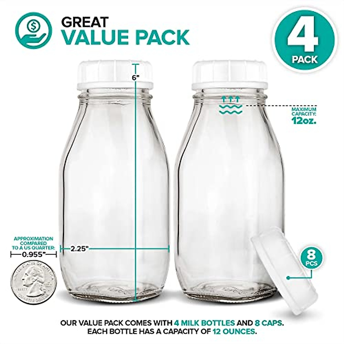 Stock Your Home 12 oz Glass Bottles (4 Pack) - Reusable Food Grade Bottles with Tamper Proof Caps - Multipurpose Juice Containers for Cold Beverages
